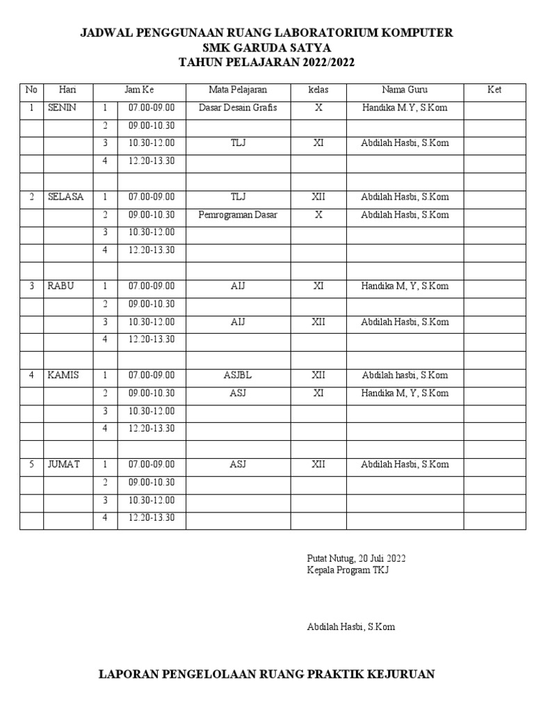 Jadwal Penggunaan Ruang Laboratorium Komputer | PDF