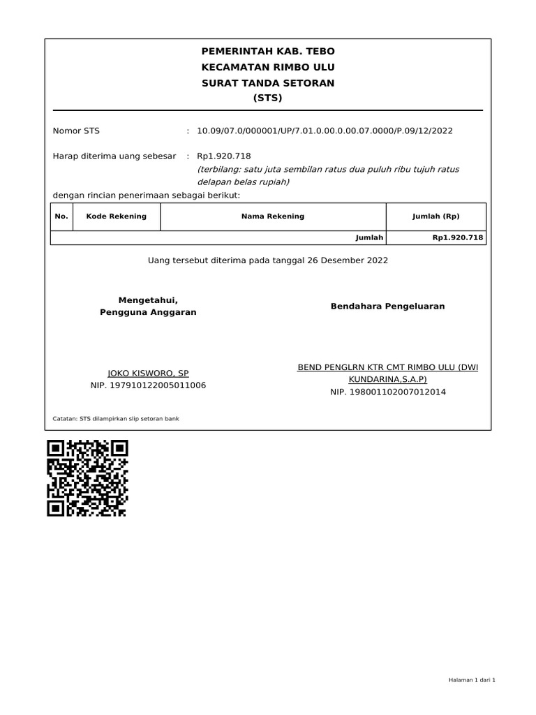 Surat Tanda Setoran Pemerintah Tebo | PDF