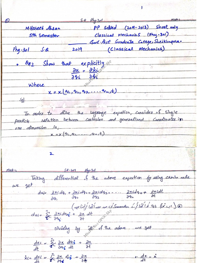 Phy-301 Short (2019-2013) Solved Paper Classical Mechanics Bs Physics ...