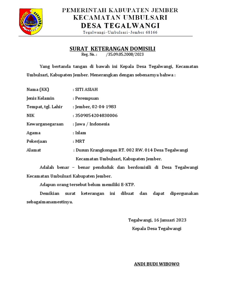 Surat Keterangan Domisili Desa Tegalwangi | PDF