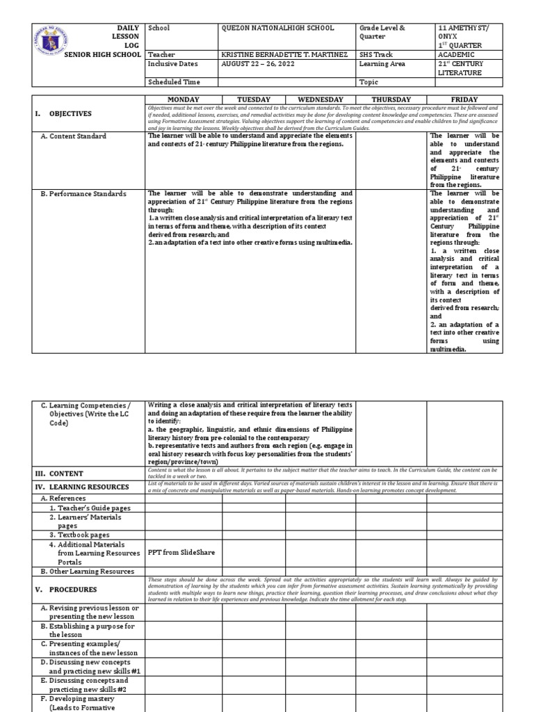 1 - SHS - DAILY - LESSON - LOG - DLL - TEMPLATE - 21st Century | PDF | Learning | Cognitive ...