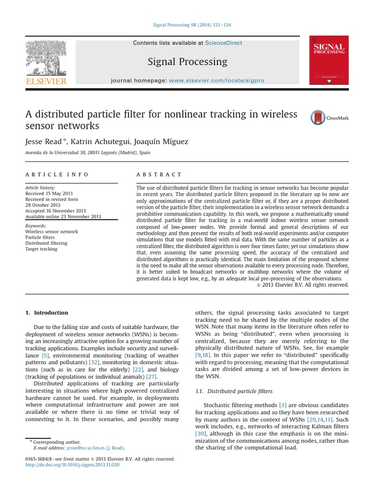 A Distributed Particle Filter For Nonlinear Tracking In Wi 2014 Signal Proce Pdf