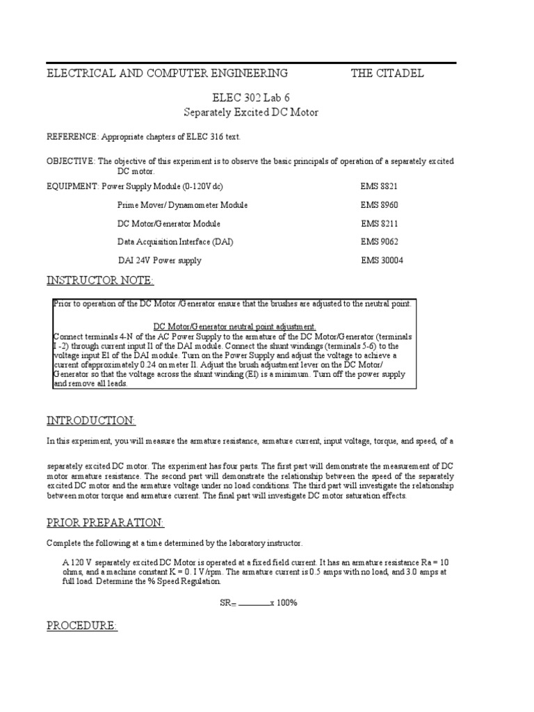 DC Motor Lab for Engineering Students | PDF | Electric Motor | Power Supply