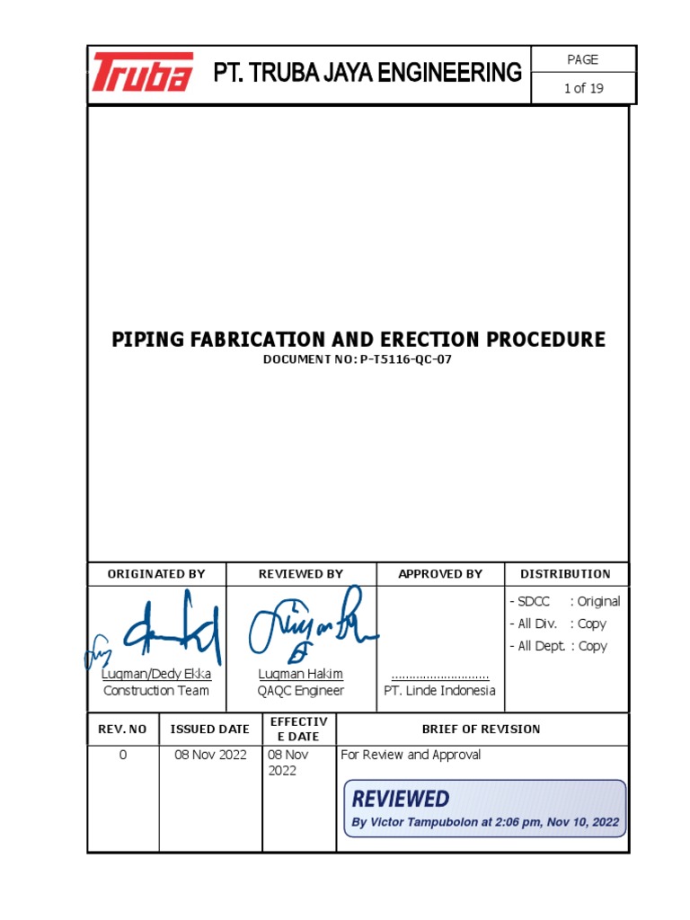 Fabrication and Erection Piping Procedure. - VT PDF | PDF | Pipe (Fluid Conveyance) | Welding
