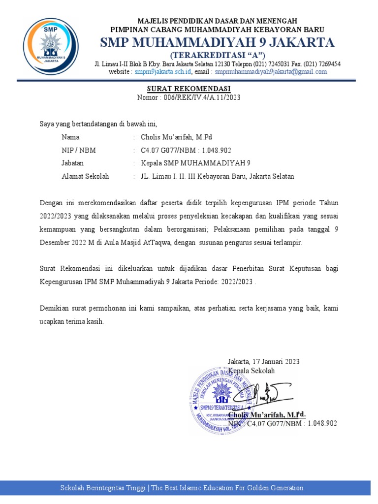 Surat Rekomendasi IPM SMP Muhammadiyah | PDF