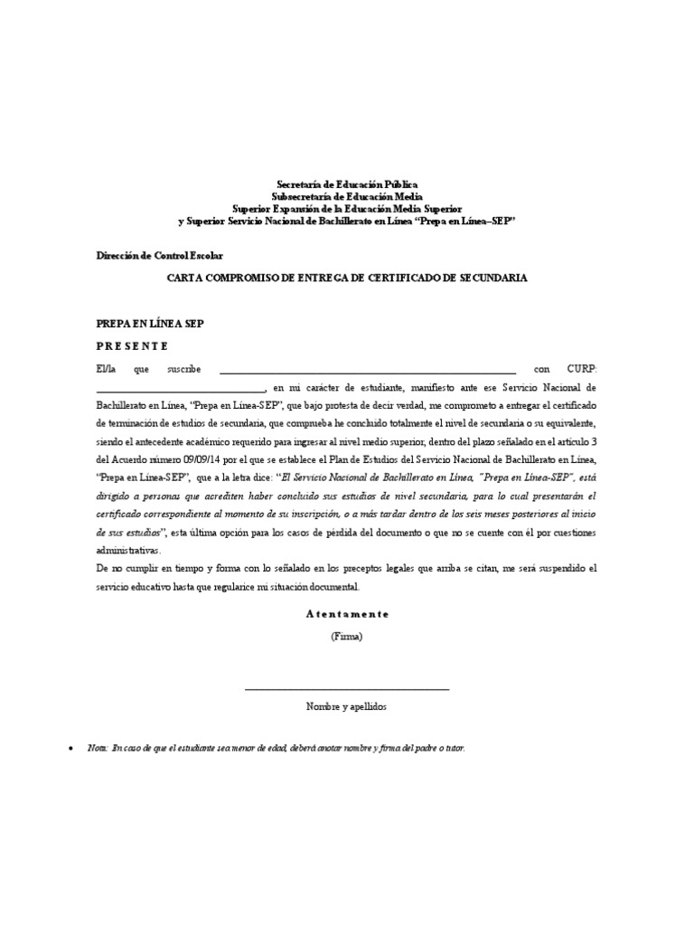 CARTA COMPROMISO PARA LA ENTREGA DEL CERT - SEC - .13feb2020 | PDF