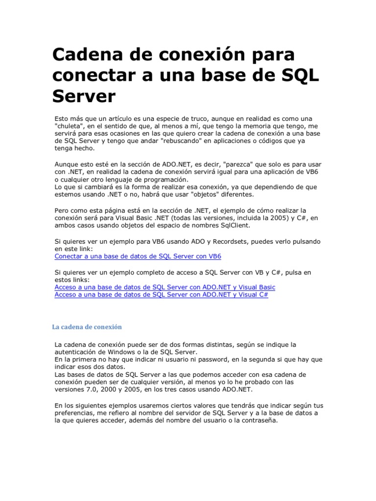 Cadena de Conexión para Conectar A Una Base de SQL Server | PDF | Servidor SQL de Microsoft ...