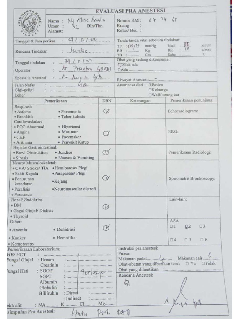 Asesmen Pra Sedasi (Kuret) | PDF