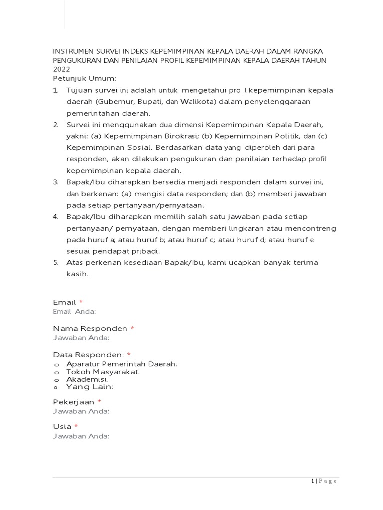 Instrumen Survei Indeks Kepemimpinan Kepala Daerah Dalam Rangka ... Instrumen Survei Indeks Kepemimpinan Kepala Daerah Dalam Rangka ...