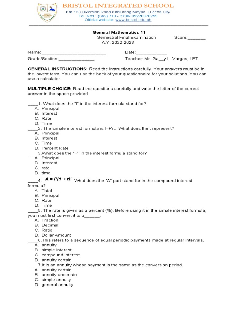 Grade 11 General Math Exam Q2 | PDF | Loans | Debt