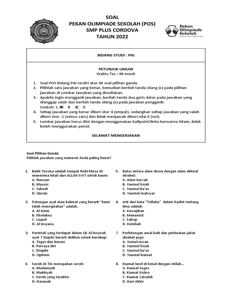 Cetak Soal PAI POS-2022 | PDF