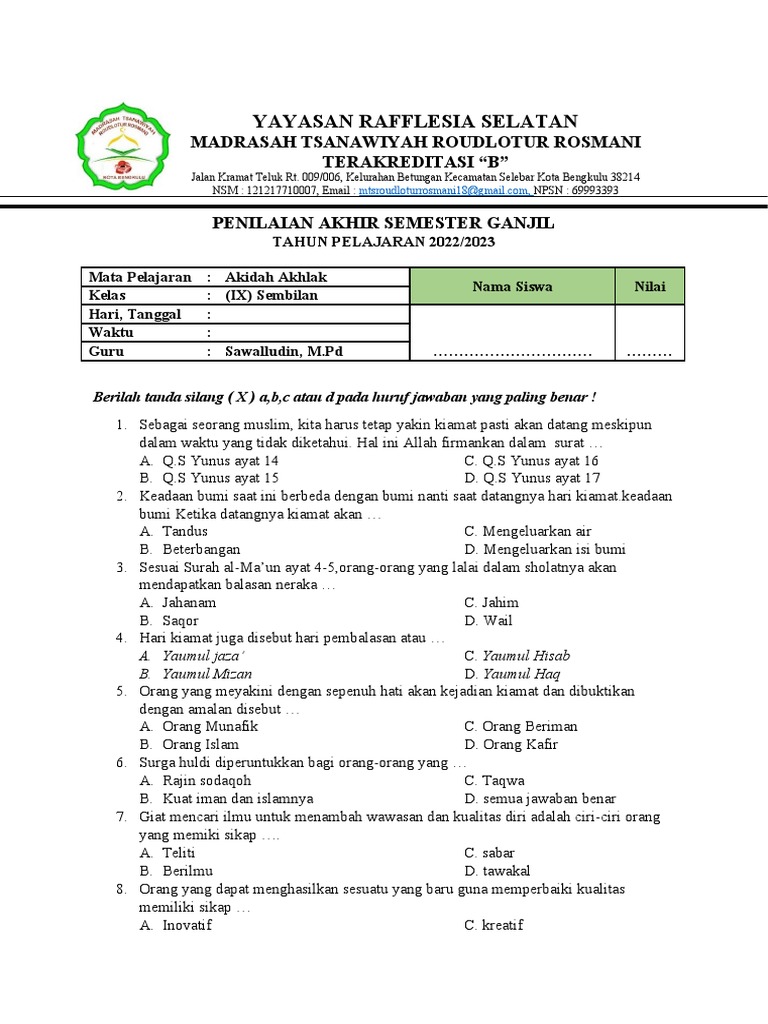 Soal Ulangan Ahir Aa Semester Ganjil KLS Ix Ta 2022-2023 | PDF