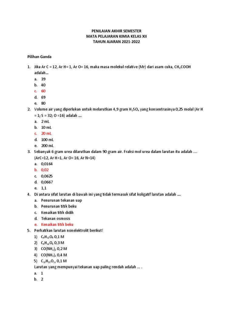 Pas Kimia Xii Sma 2021-2022 | PDF