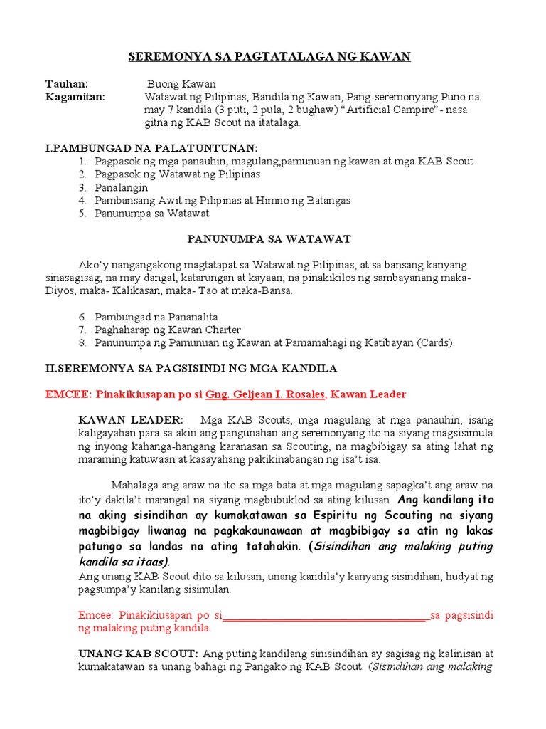 Seremonya Sa Pagtatalaga NG Kawan | PDF