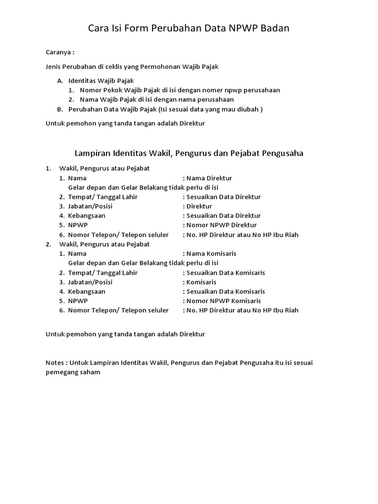 Pengisian Form Perubahan Data NPWP Badan | PDF