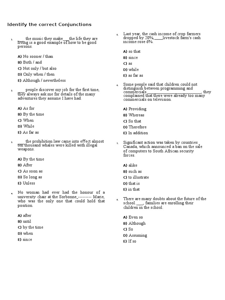 510 - Conjunctions Test Exercises Multiple Choice Questions With ...