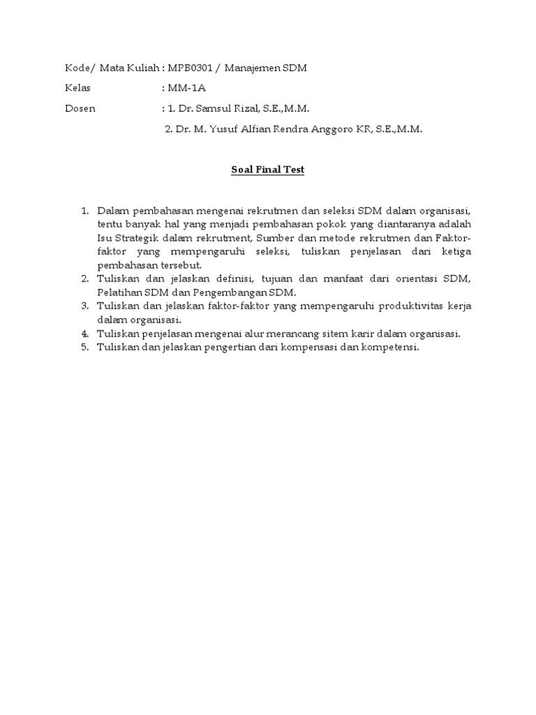 Soal Final MSDM s2 MM | PDF