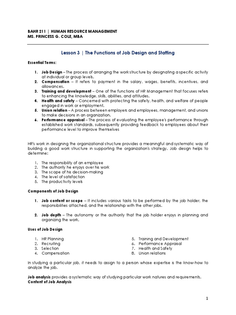 Lesson 3 The Functions of Job Design and Staffing | PDF | Human ...
