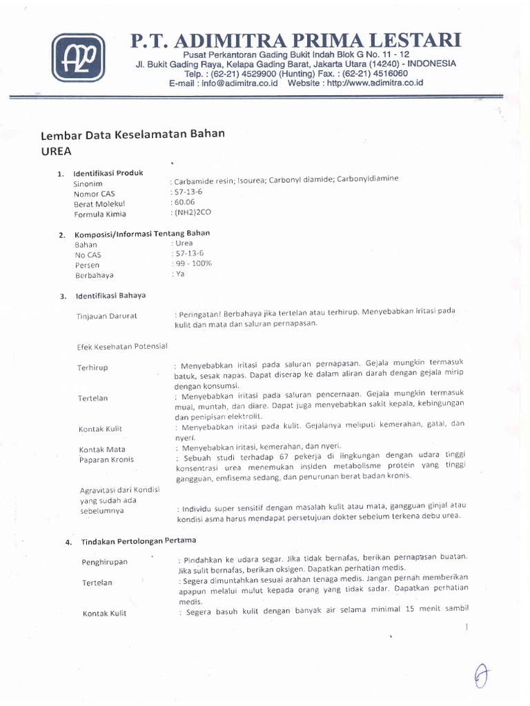 MSDS Urea - PT Adimitra Prima Lestari | PDF