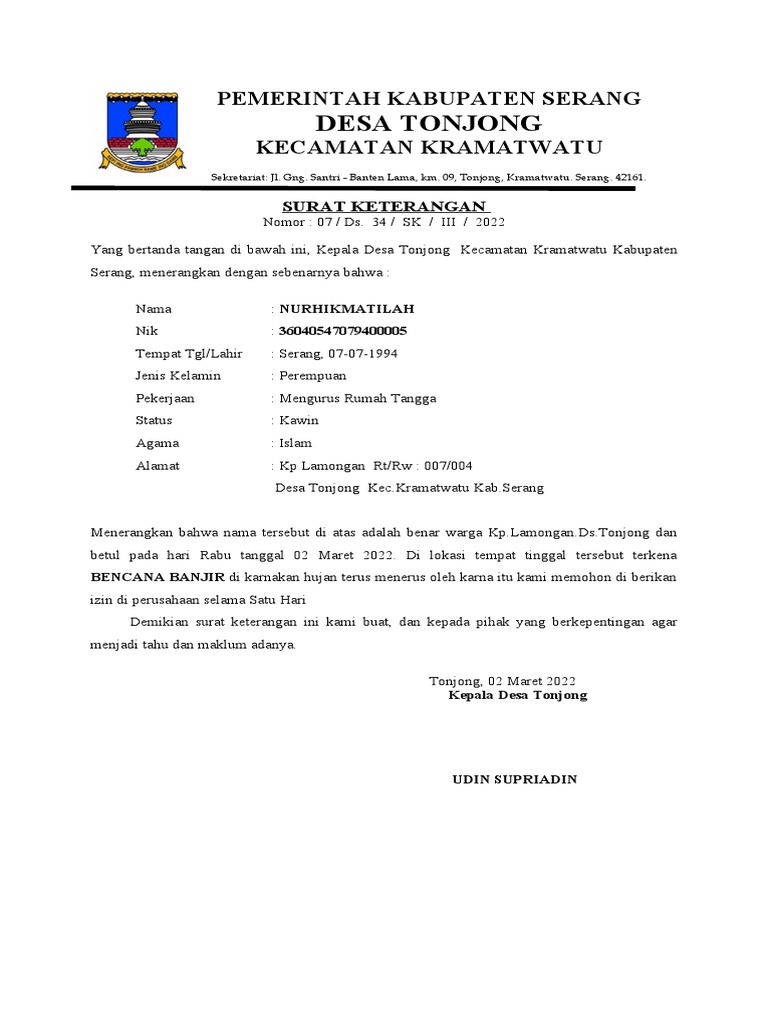 Surat Keterangan Banjir Desa Tonjong | PDF