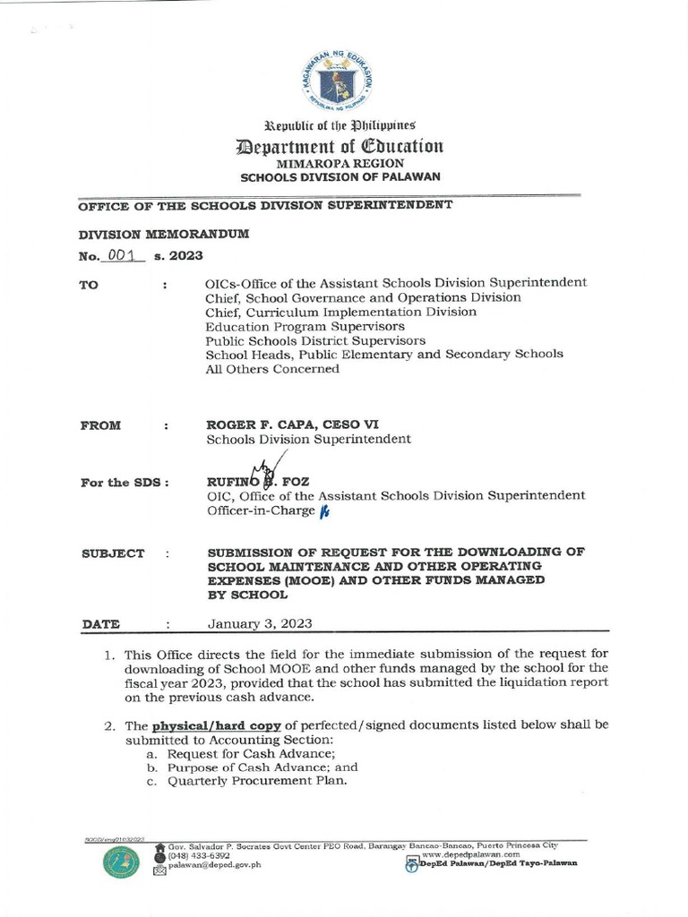 DM No. 001 S. 2023 Submission of Request For The Downloading of School ...