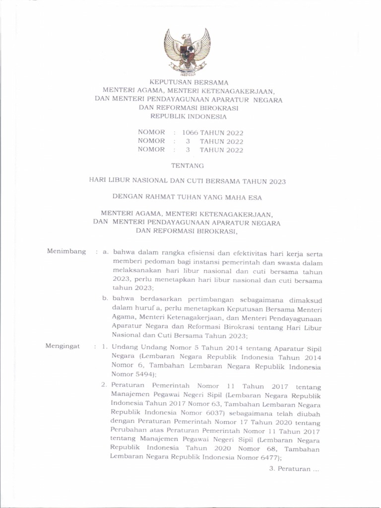 1-Surat Keputusan Bersama 3 Menteri Tentang Hari Libur Nasional Dan Cuti Bersama Tahun 2023 | PDF