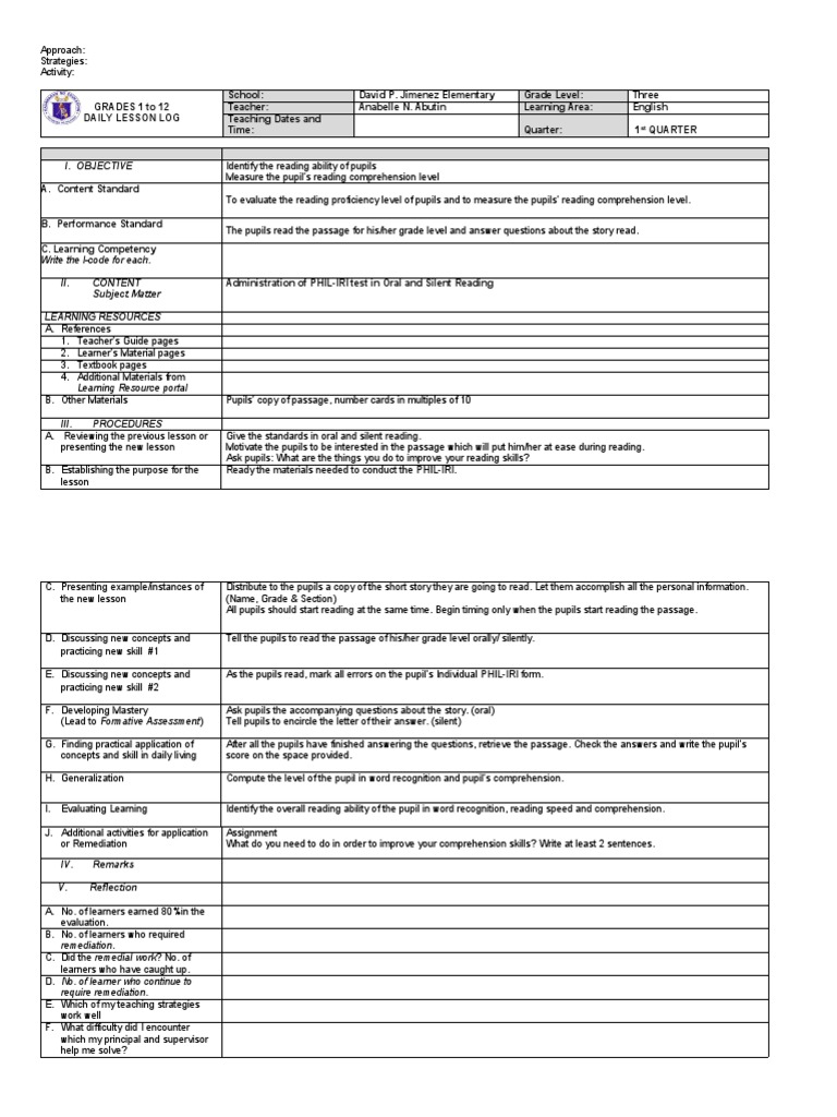 Phil - Iri DLL | PDF | Reading Comprehension | Teaching