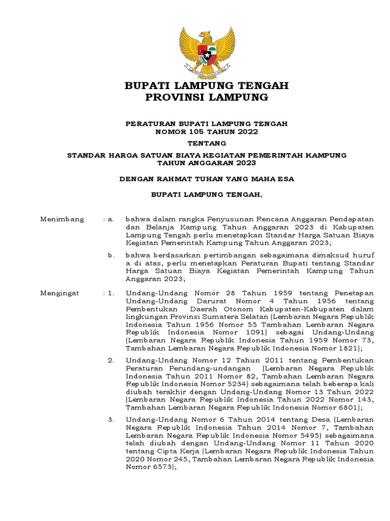 Perbup 105 Tahun 2022 Tentang Standar Harga Satuan Biaya Kegiatan Pemerintah Kampung Tahun 2023 ...