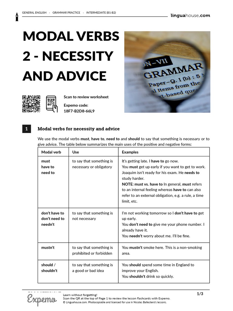 Modal Verbs 2 Necessity and Advice British English Student Ver2 BW | PDF | Linguistic Morphology ...