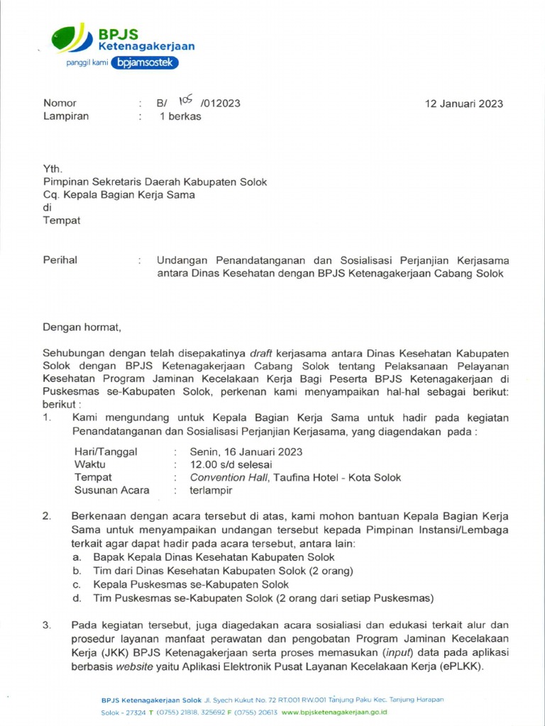 B 105 012023 - Undangan Penandatanganan Dan Sosialisasi Perjanjian Kerjasama Antara Dinas ...