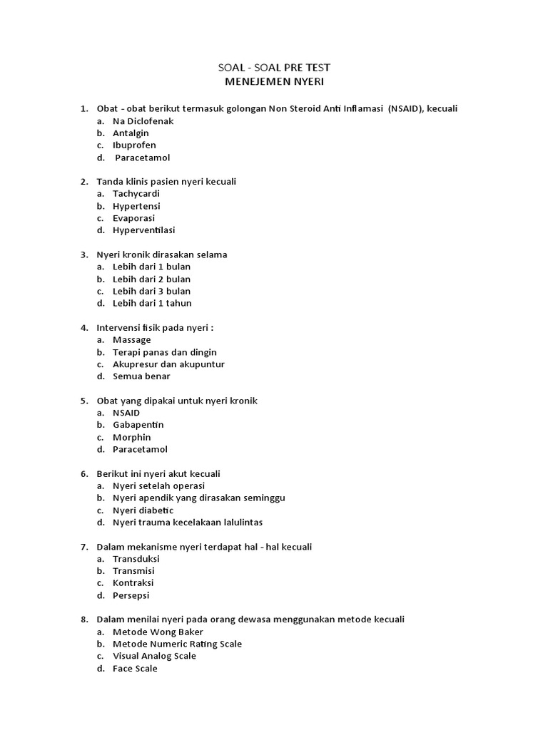 Soal Pre dan Post Test Manajemen Nyeri | PDF