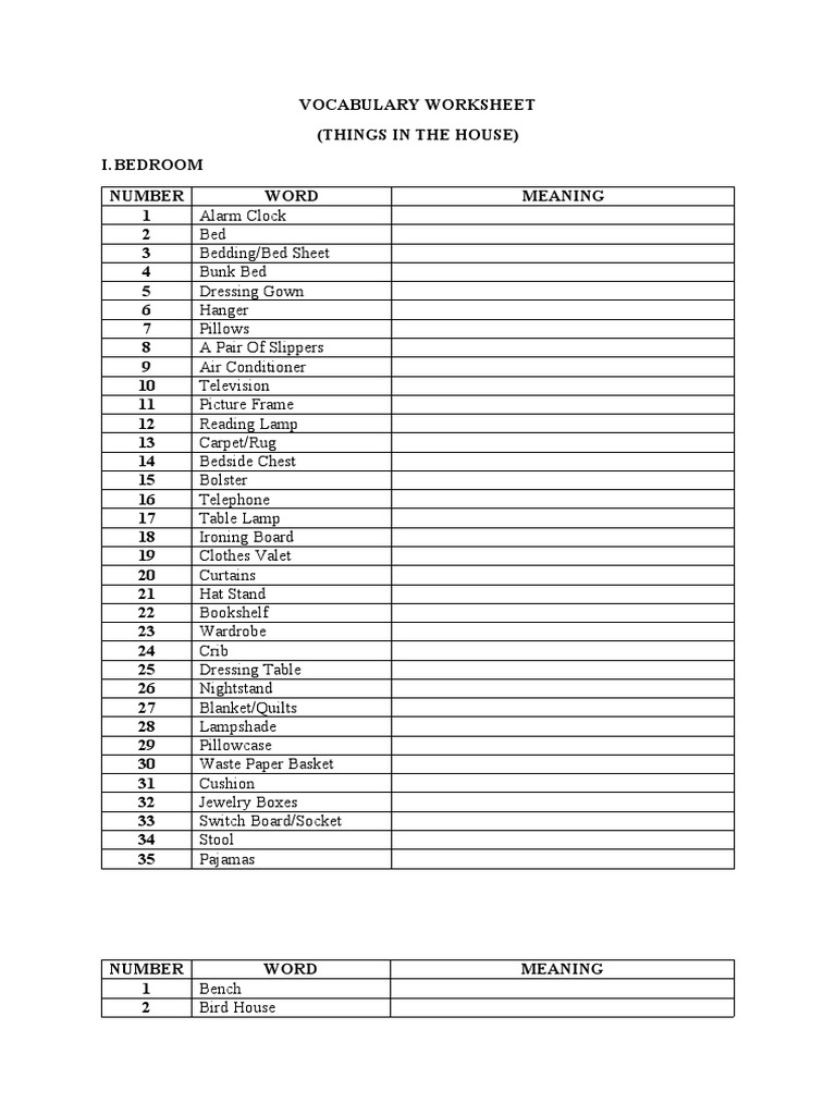 Household Vocabulary Worksheet | PDF | Bed | Tools