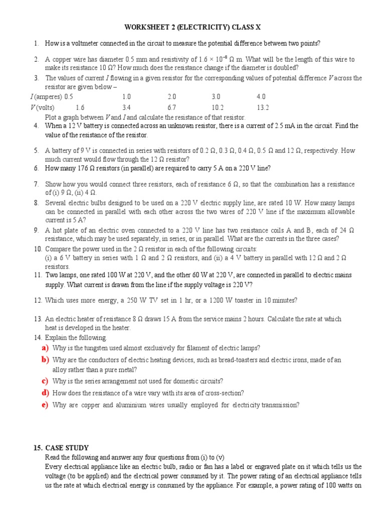 Class X Electricity Worksheet | PDF | Series And Parallel Circuits | Electrical Resistance And ...