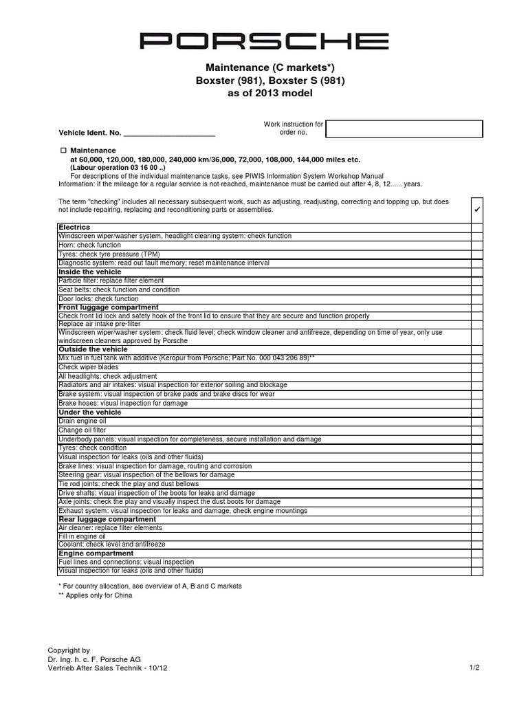 Maintenance Boxster (981), Boxster S (981) (As of 2013 Model ...