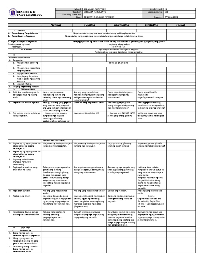 DLL - ESP 3 - Q2 - Week 1 | PDF
