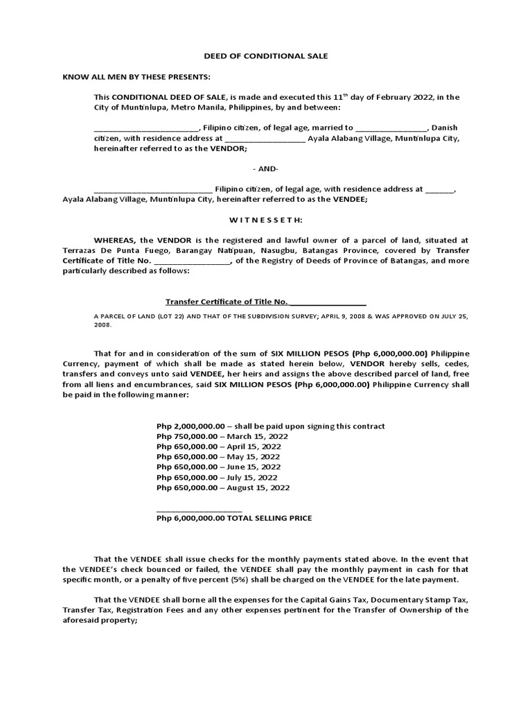DEED of CONDITIONAL SALE SAMPLE 1 | PDF | Deed | Taxes DEED of CONDITIONAL SALE SAMPLE 1 | PDF | Deed | Taxes