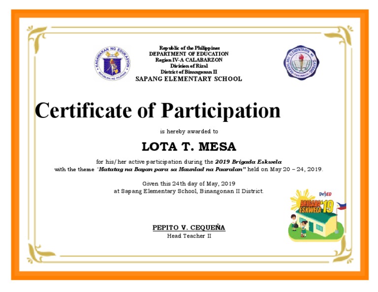 2019 BRIGADA ESKWELA Sample Certificate | PDF
