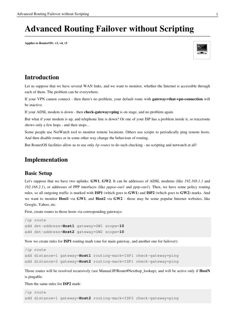 Advanced Routing Failover Without Scripting | PDF | Router (Computing) | Ip Address