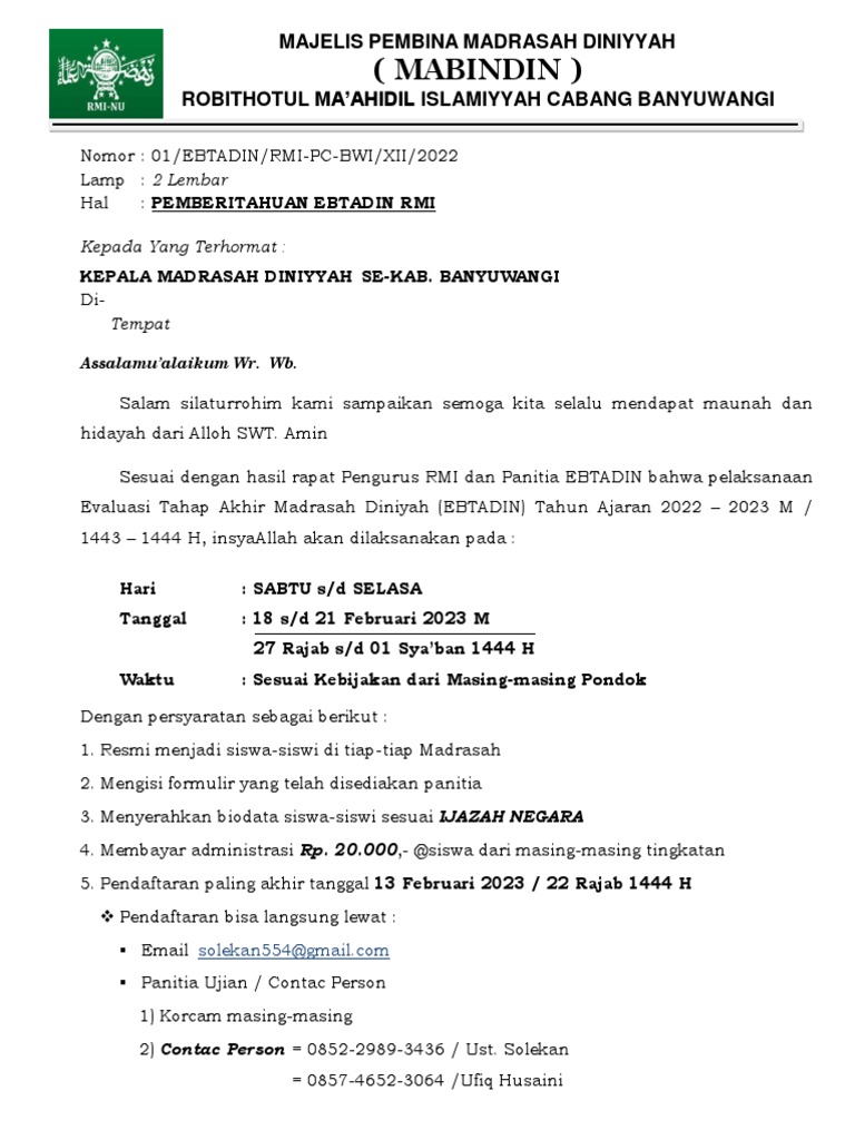 Sp. Ujian Ebtadin Rmi 2022 - 2023 | PDF