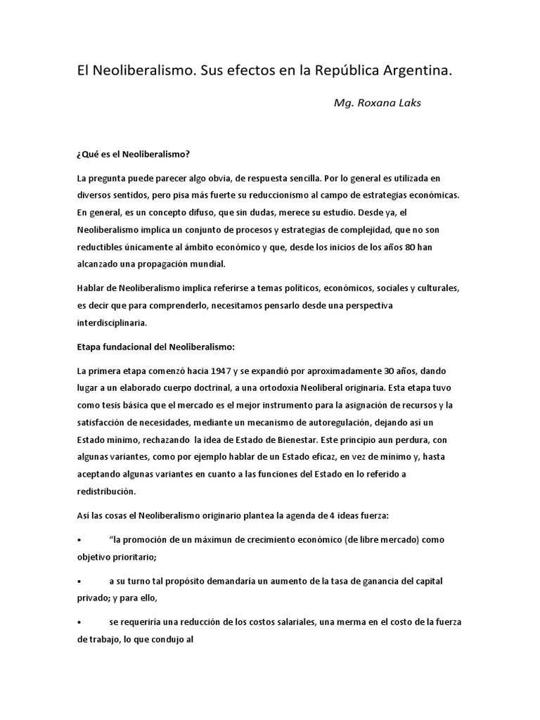 El Neoliberalismo. Efectos en La R. Argentina. Roxana Laks | PDF ...