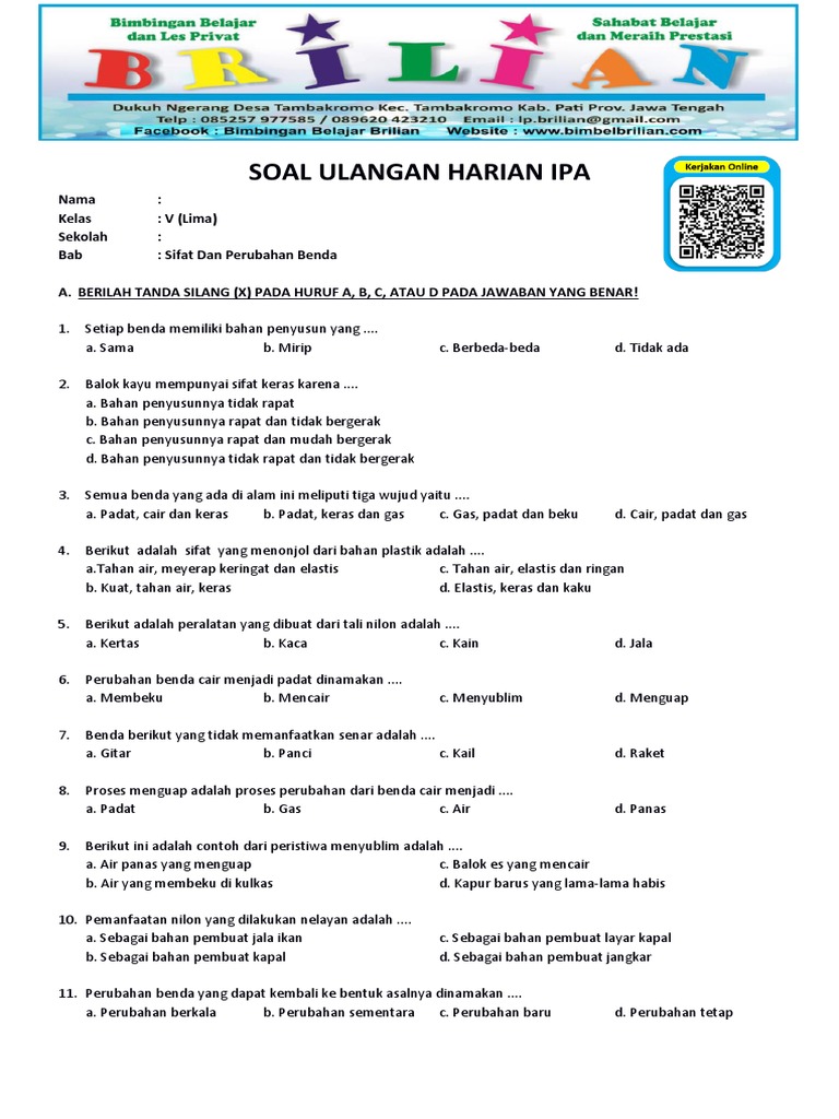 Soal IPA Kelas 5 SD Bab 4 Sifat Dan Perubahan Benda Dilengkapi Kunci Jawaban | PDF