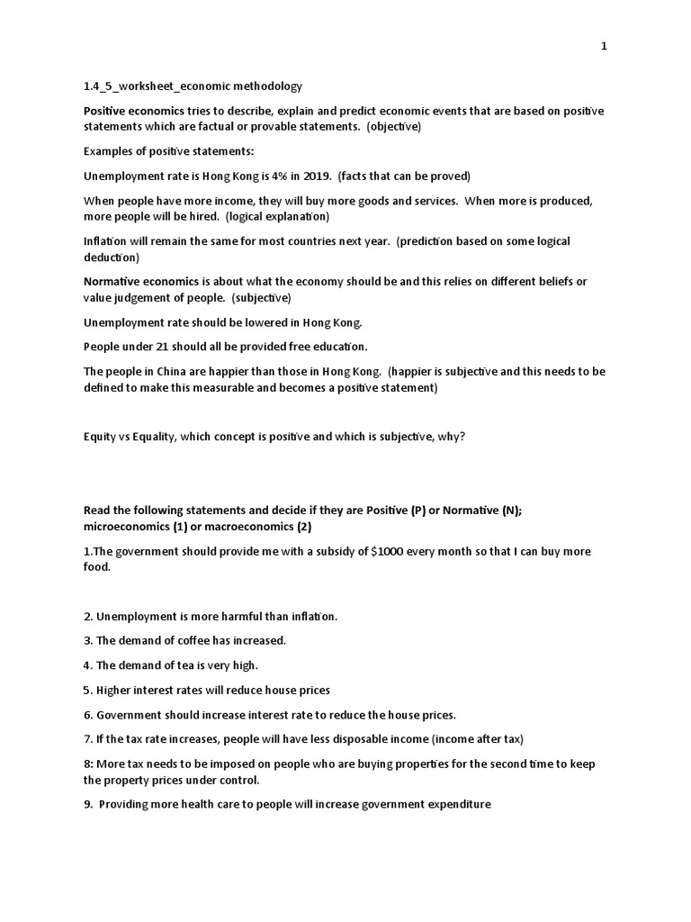 1.4 - 5 - Worksheet On Economic Methodology | PDF | Economics | Hypothesis