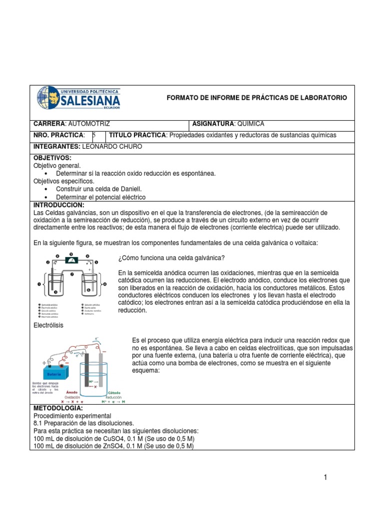 Informe Practica #5 Química | PDF | Redox | Electrodo