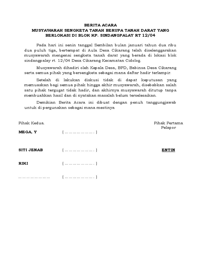 BERITA ACARA Sengketa Tanah | PDF