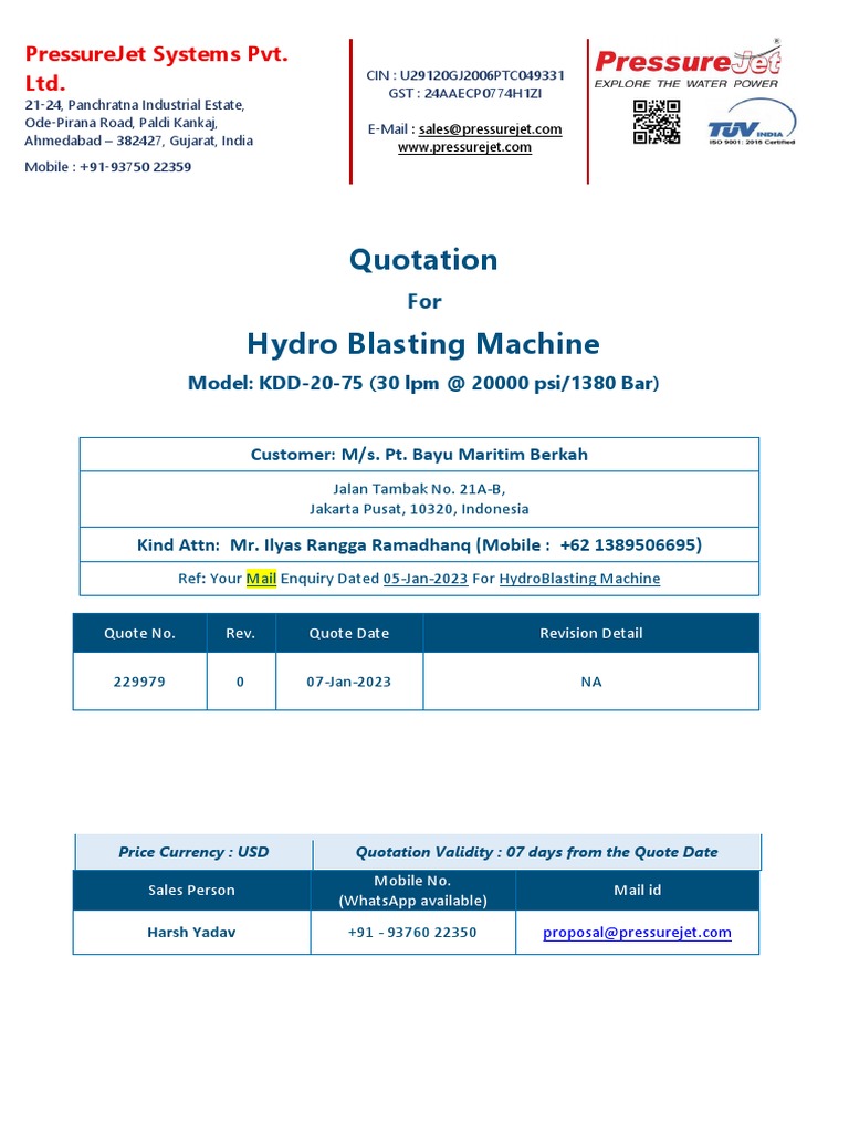 Quotation - Diesel Driven Hydroblasting Machine | PDF | Pump ...