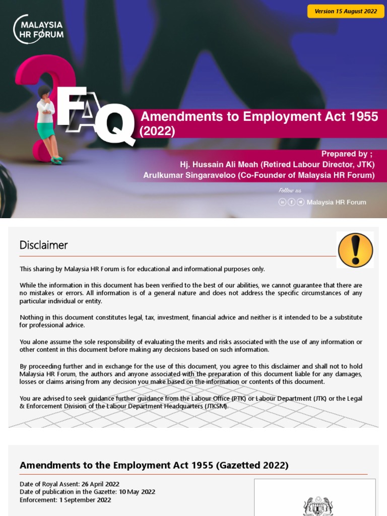 FAQ - Employment Act 1955 Amendment (2022) Updated - PDF Version 1 | PDF | Employment | Overtime