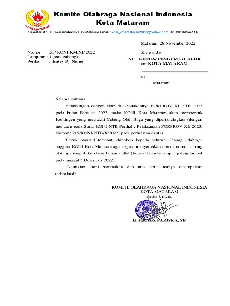 Surat by Name Untuk Cabor Kota Mataram | PDF