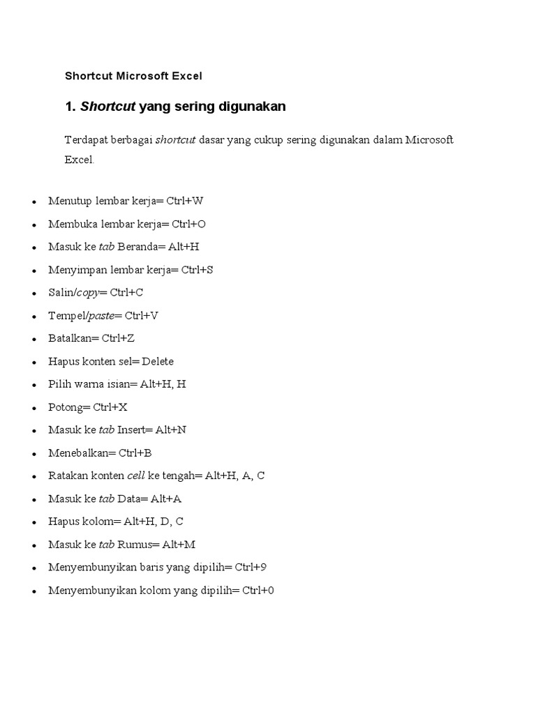 Shortcut Microsoft Excel | PDF