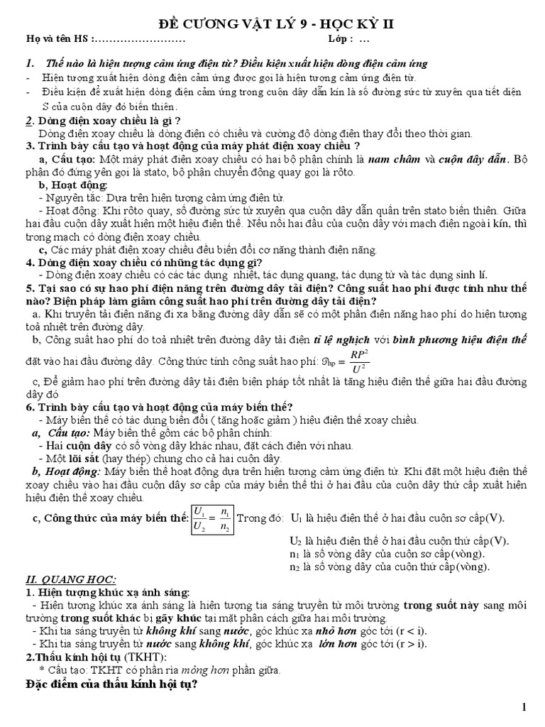 De Cuong On Tap Vat Ly 9 Ghkii | PDF