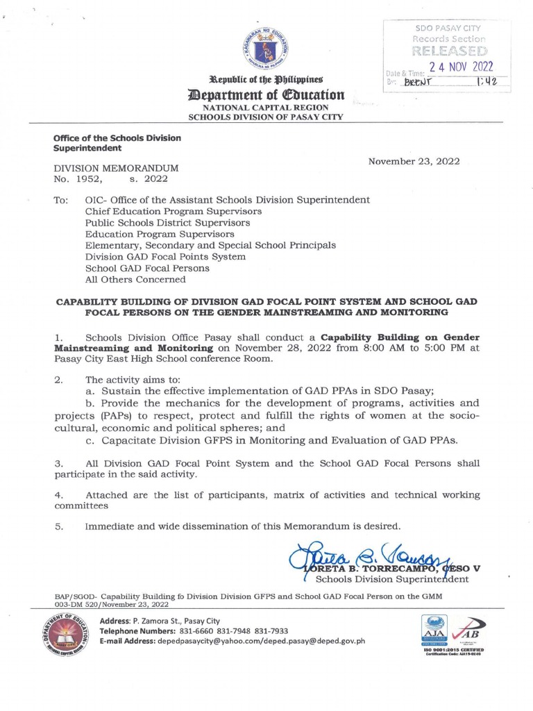 Division Memorandum No. 1952, s.2022 - Capability Building of Division ...